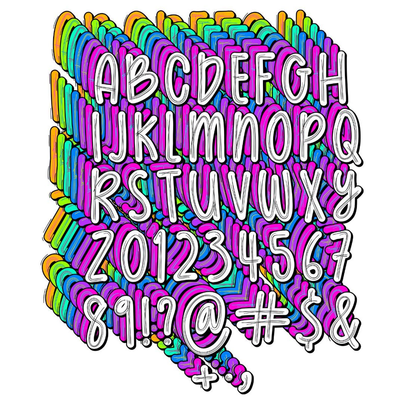 Neon Bright Scribble Doodle Alphabet Set: Neon, Colorful, Contrast ...