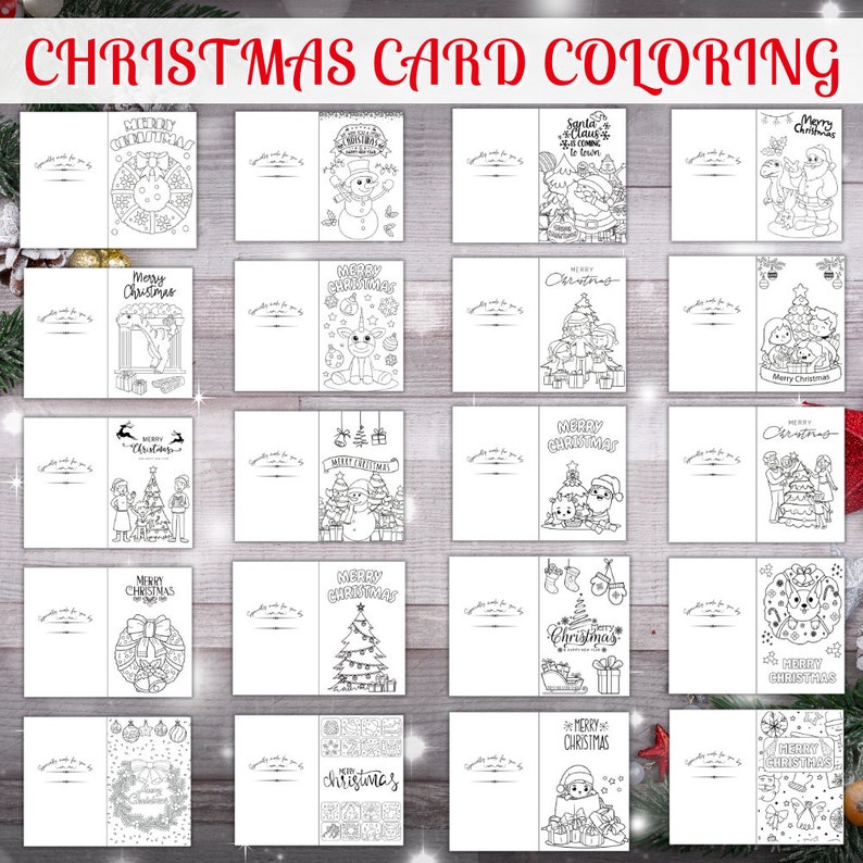 Christmas Cards Coloring for Kids, 20 Designs, Holiday Craft, Christmas ...