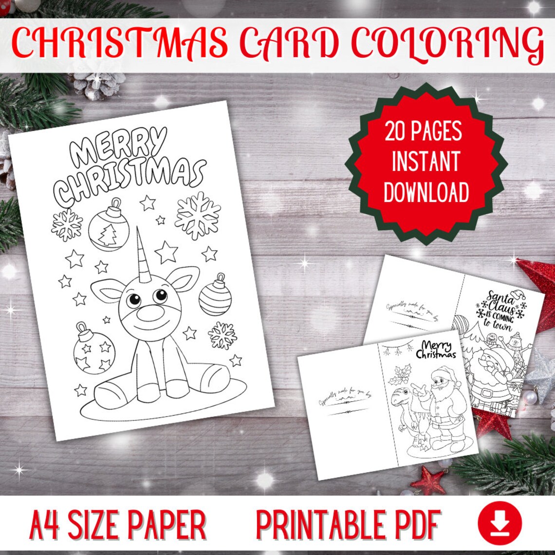Christmas Cards Coloring for Kids, 20 Designs, Holiday Craft, Christmas ...