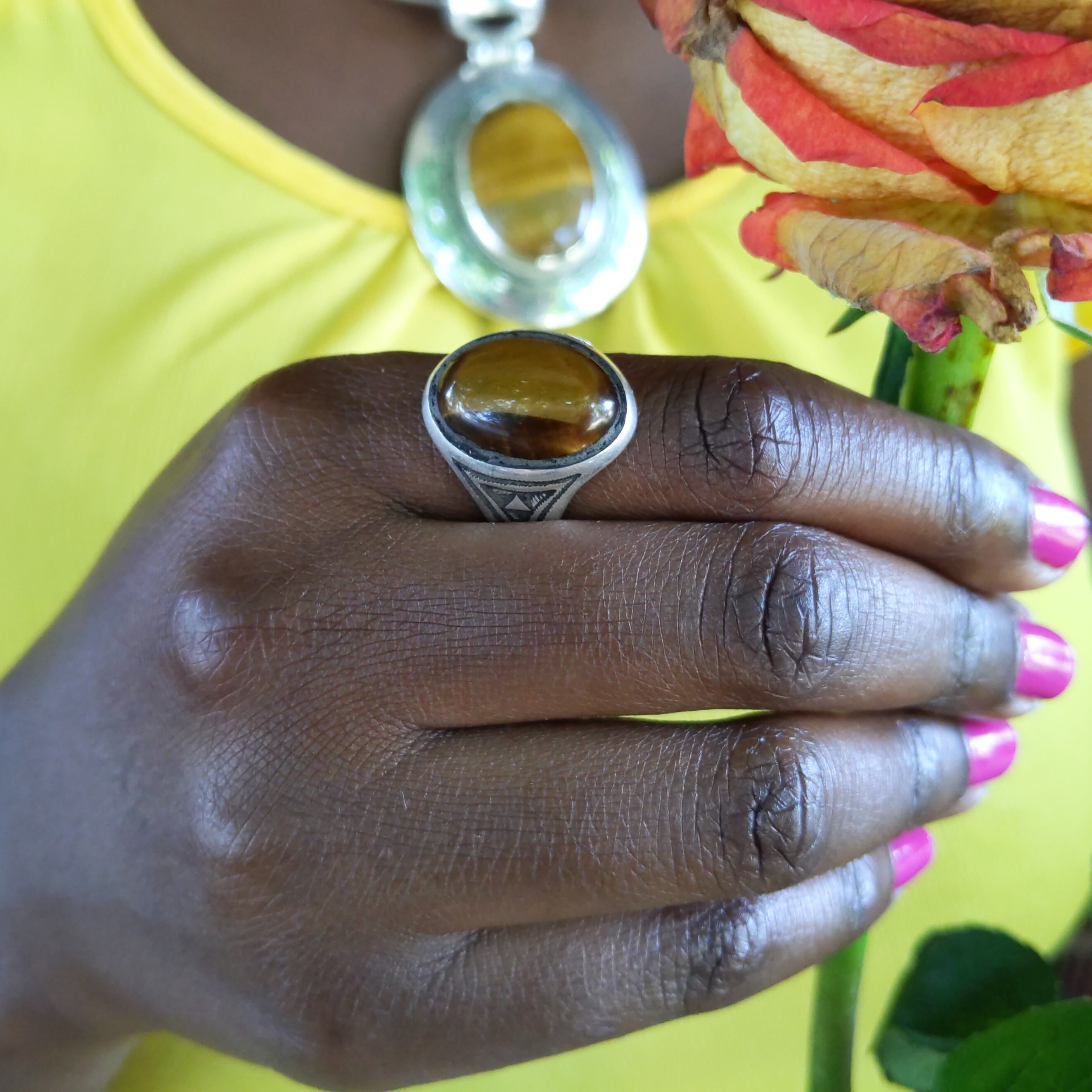 Oval Tiger Eye and Silver Ring, Size 9 3/4 US, Sterling Silver, Ethnic ...