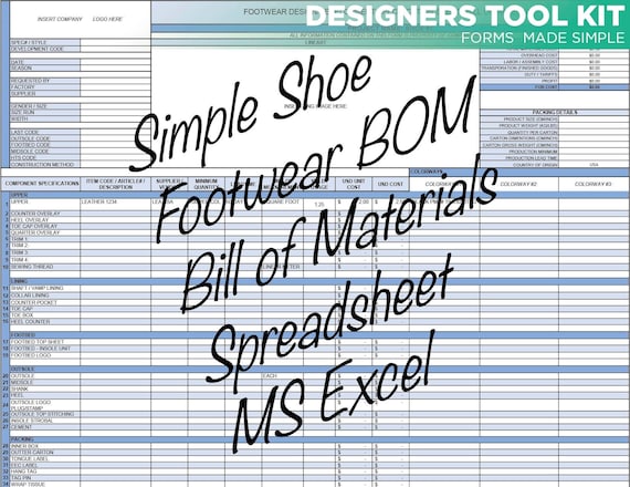 Footwear Shoe BOM Bill of Materials SRF Sample Request SPEC - Etsy