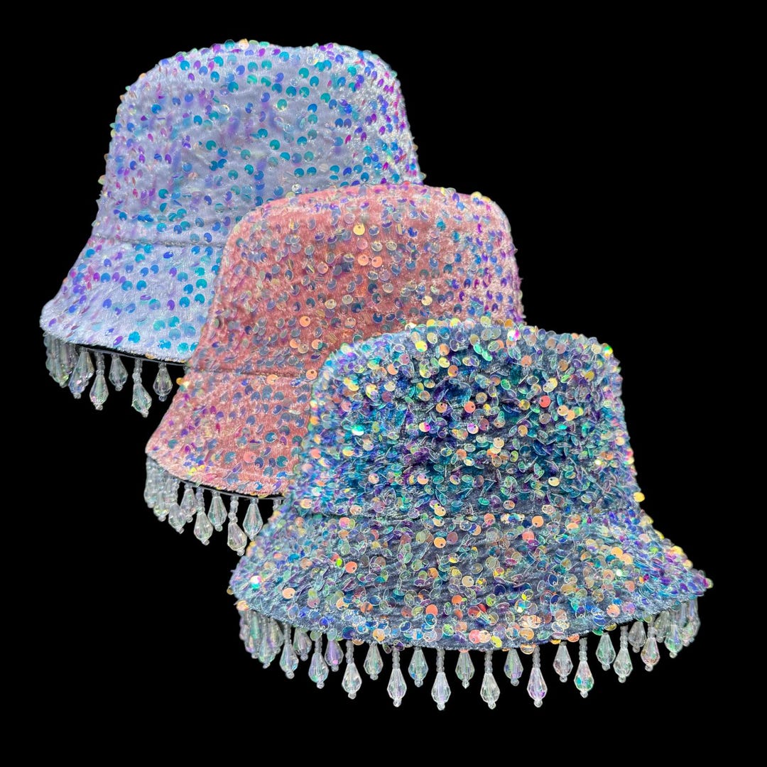 Disco Sequin Bucket Hat / Disco Drips Bucket Hat With Bead Fringe - Etsy