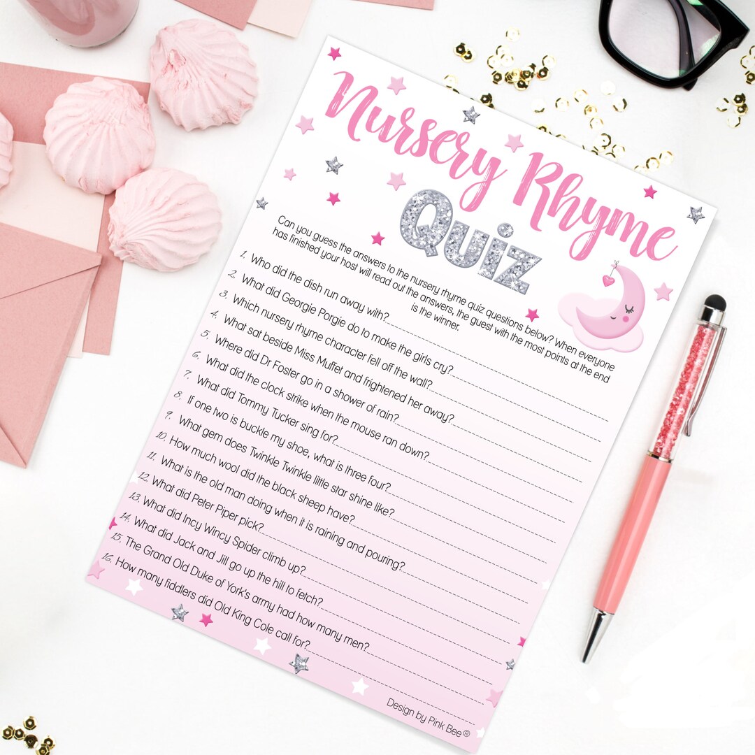 Baby Shower Game Nursery Rhyme Quiz in Pink Moon and Stars Theme 10 ...