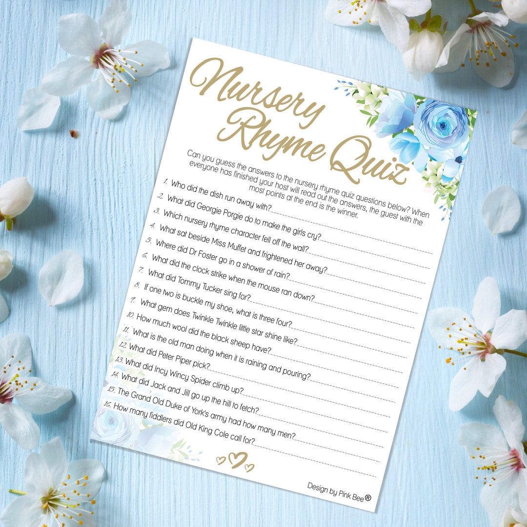 Baby Shower Game Nursery Rhyme Quiz in Blue Floral Theme 10 - 20 ...