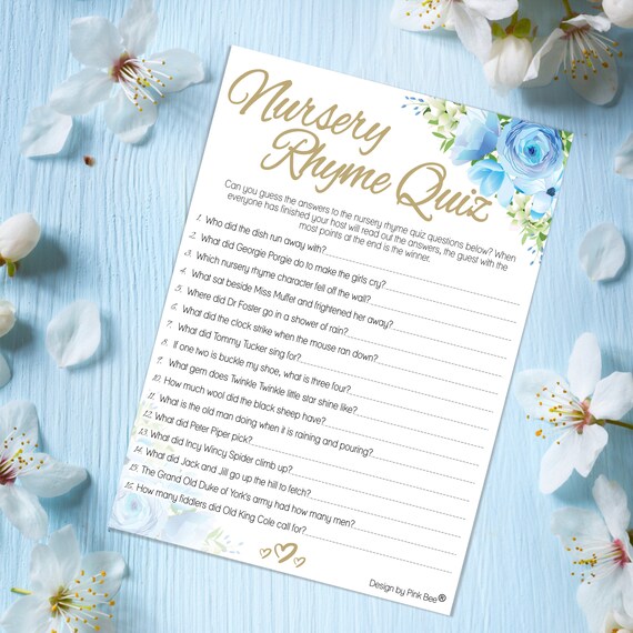 Baby Shower Game Nursery Rhyme Quiz in Blue Floral Theme 10 | Etsy UK