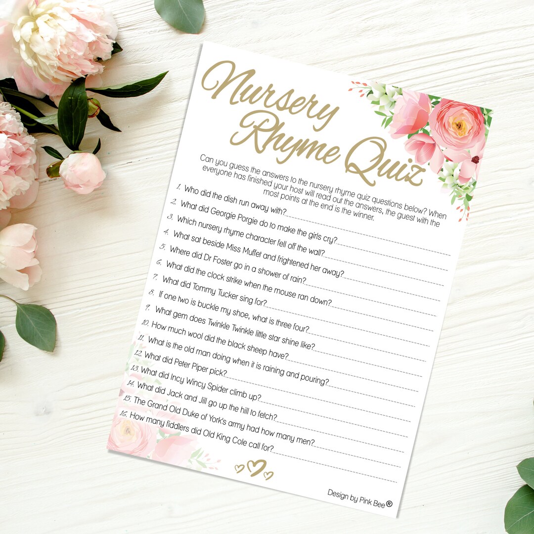 Baby Shower Game Nursery Rhyme Quiz in Pink Floral Theme 10 - 20 ...