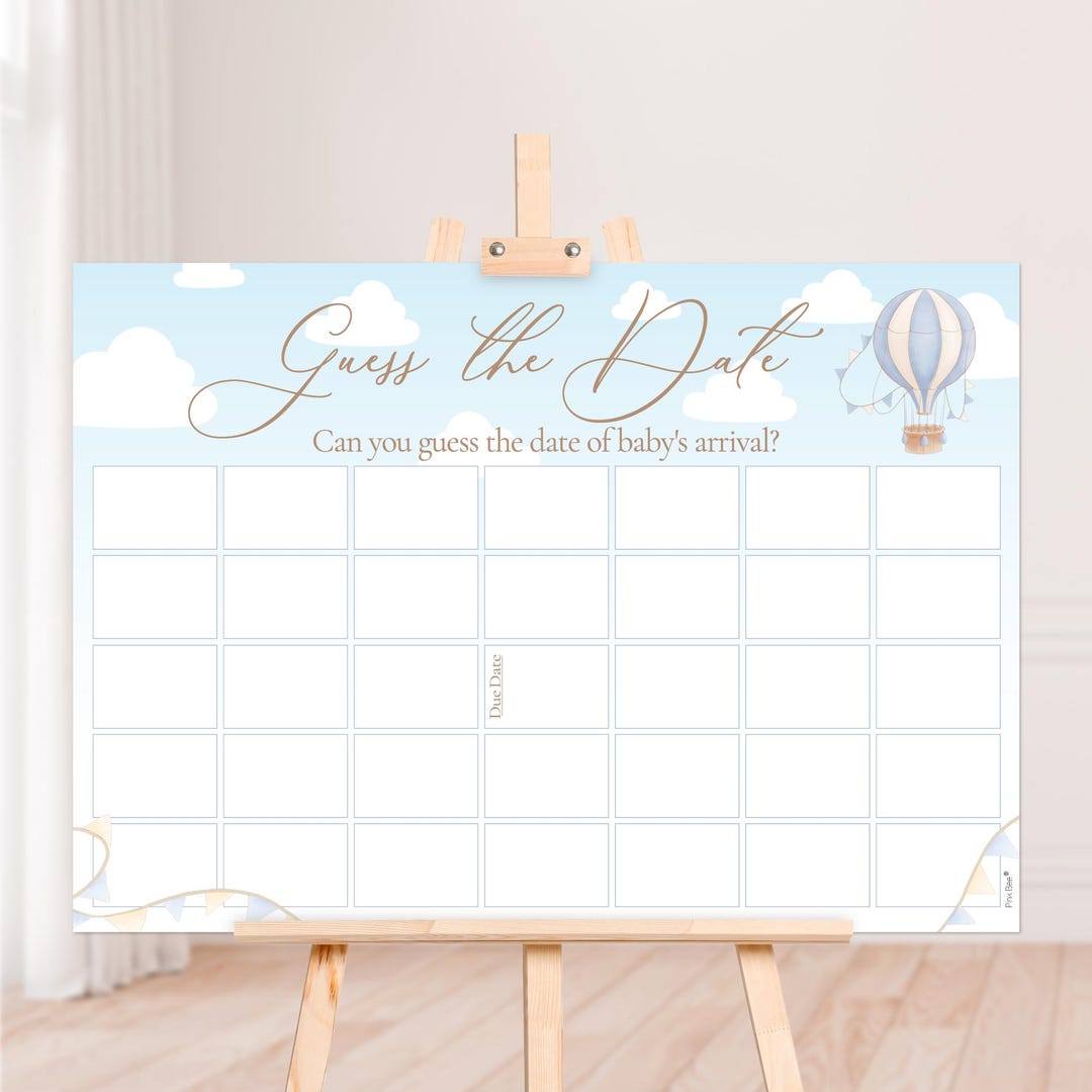 Baby Shower Game Guess the Date in Blue Hot Air Balloon Theme Up, up ...