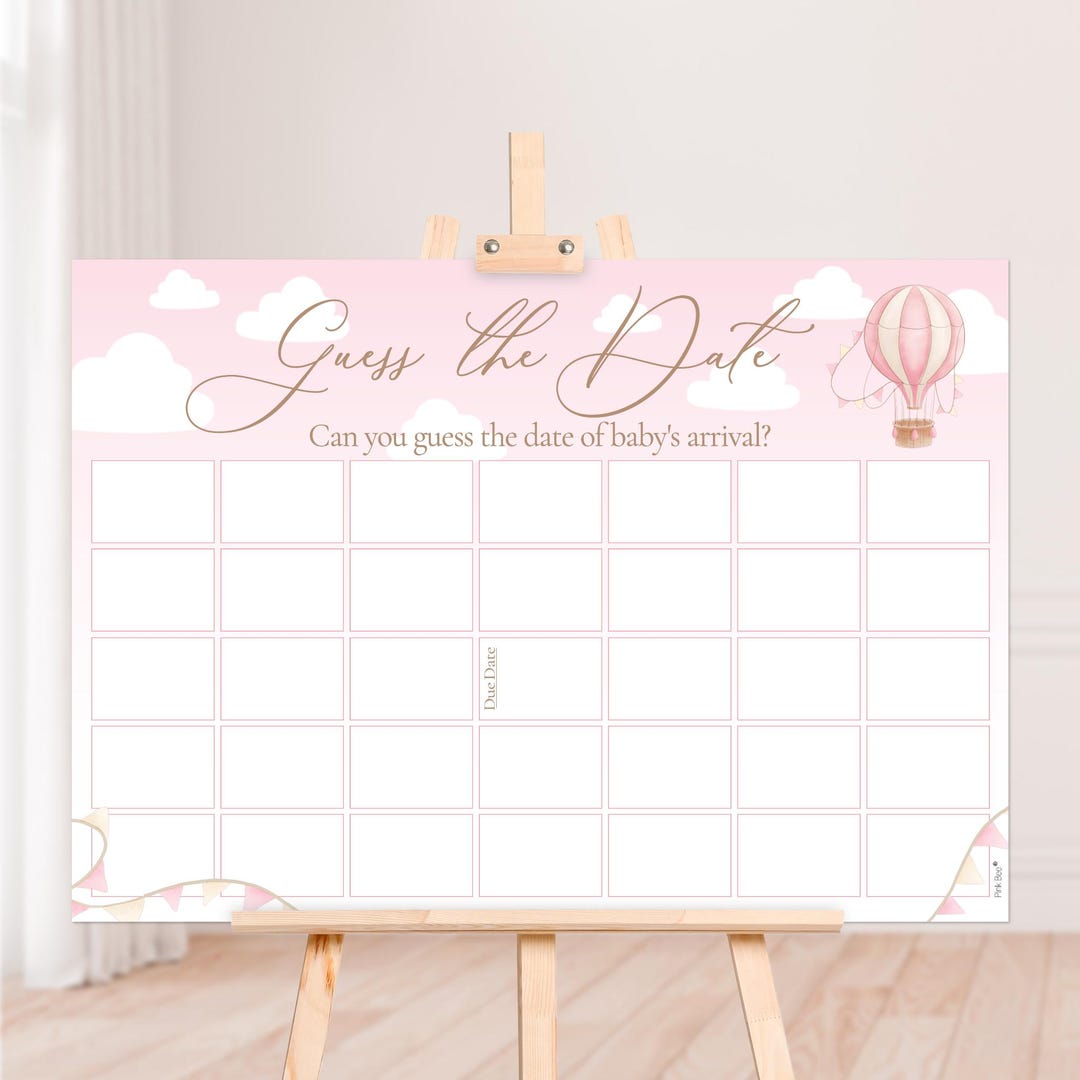 Baby Shower Game Guess the Date in Pink Hot Air Balloon Theme Up, up ...