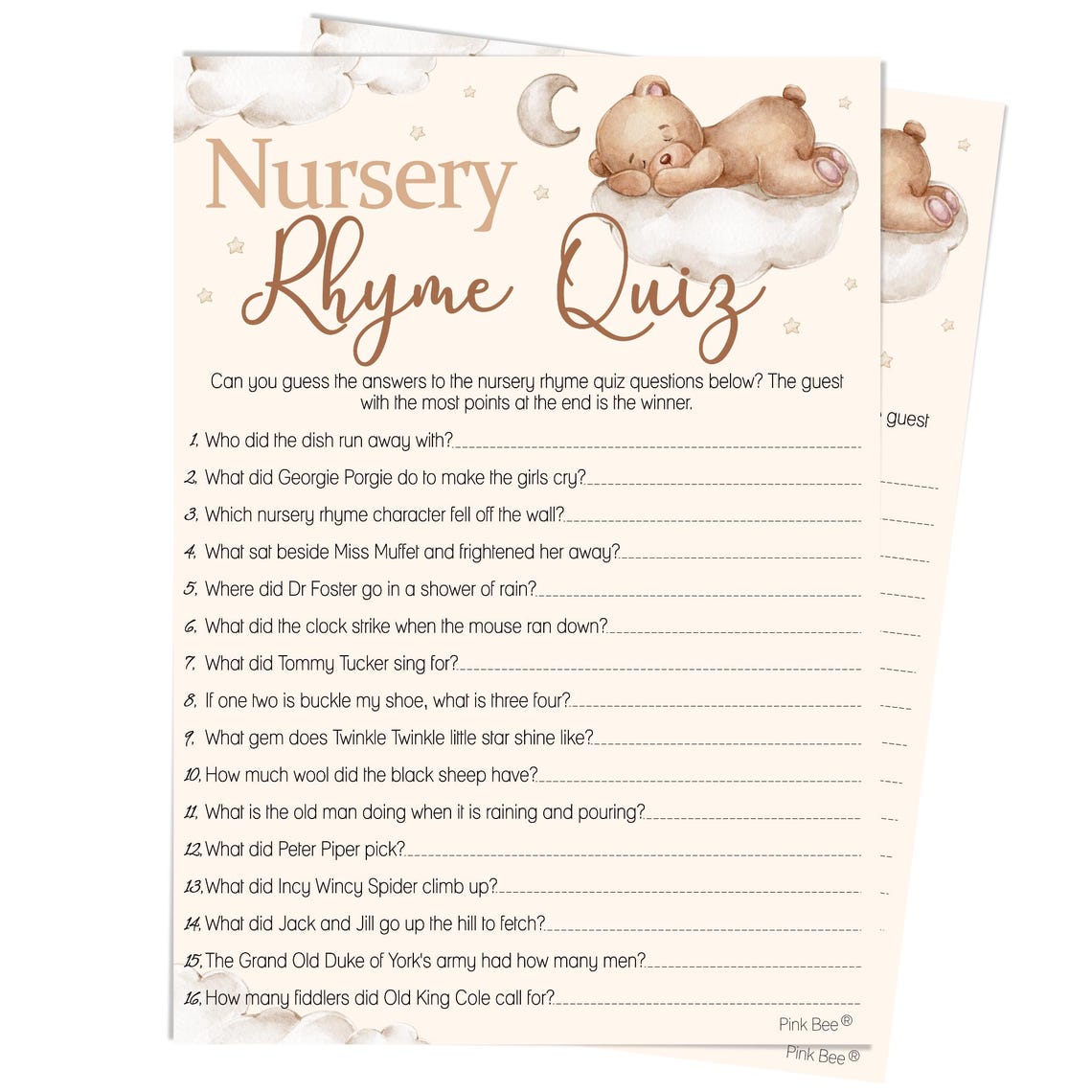Baby Shower Game Nursery Rhyme Quiz in Teddy Bear Theme 10 - 40 Players ...