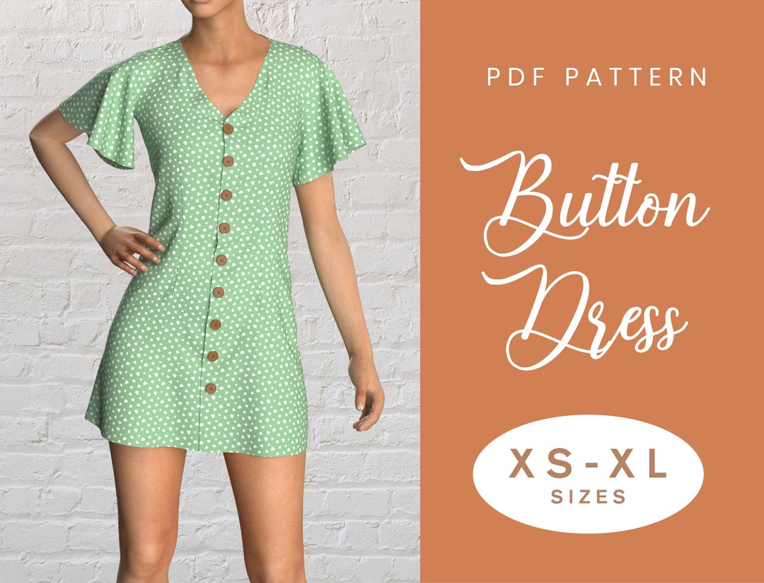 Button Front Dress Sewing Pattern | Short Flutter Sleeves | XS-XL ...