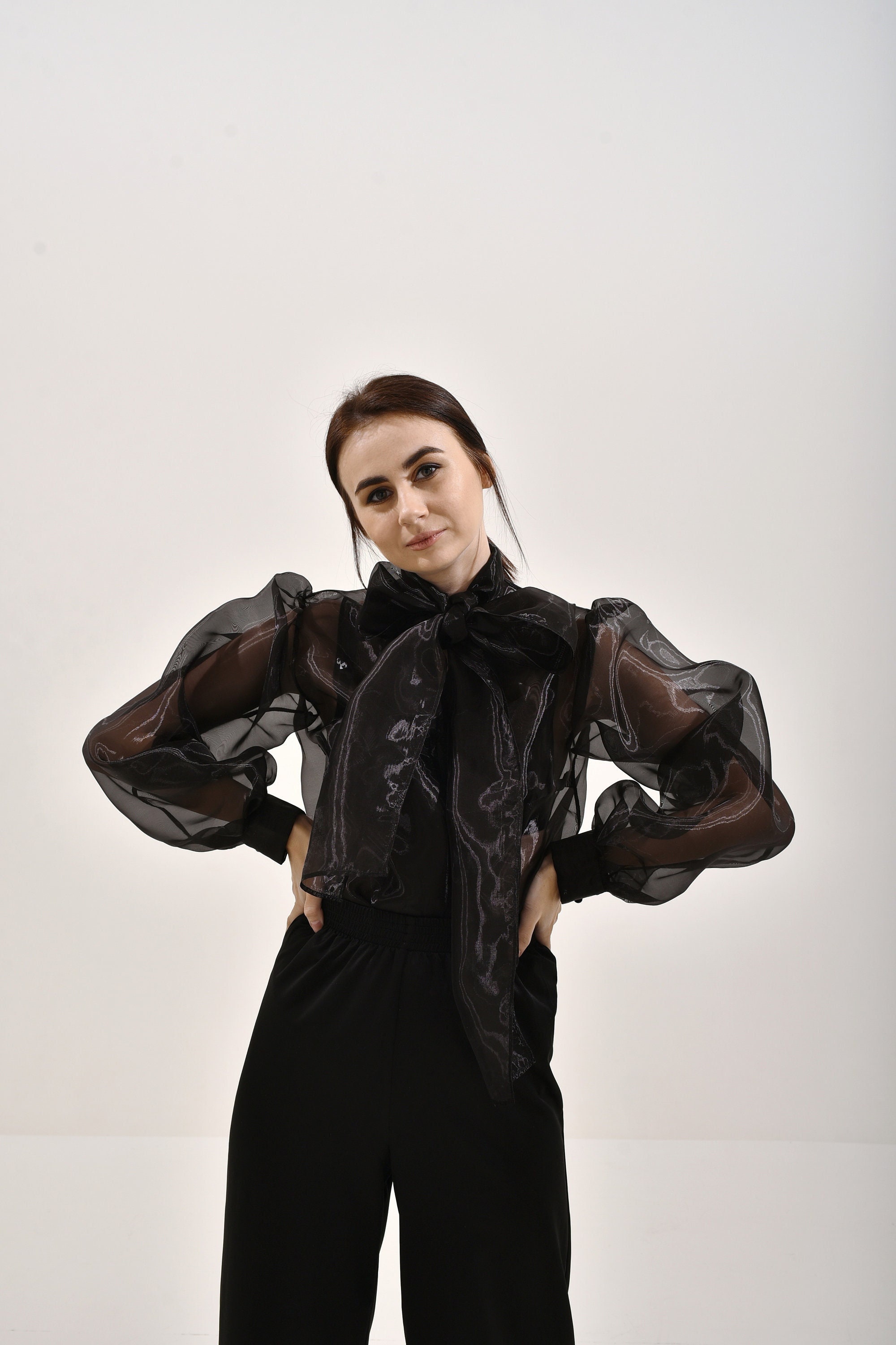 Black Organza Blouse Sheer Bow Blouse Organza Bow Shirt Blouse Balloon ...