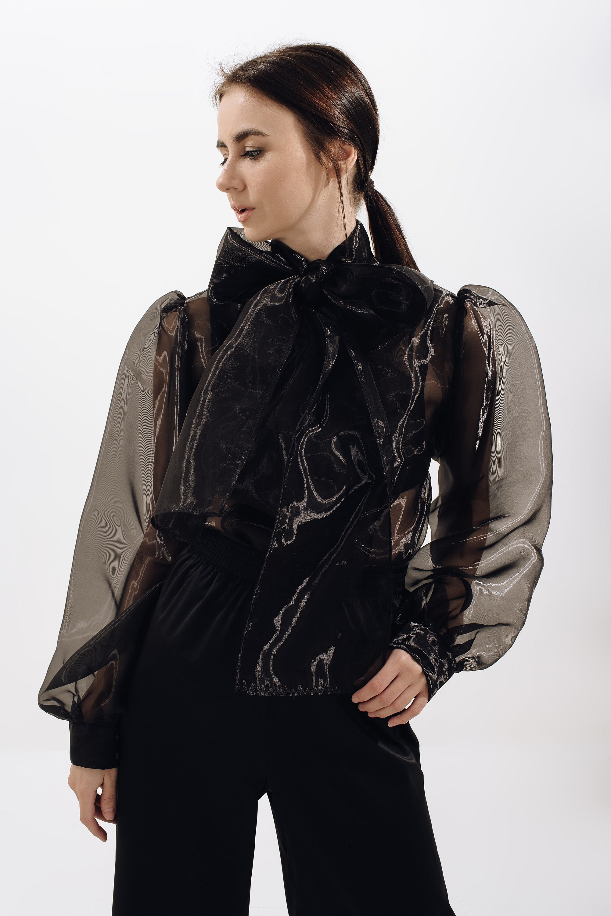 Black Organza Blouse Sheer Bow Blouse Organza Bow Shirt Blouse Balloon ...