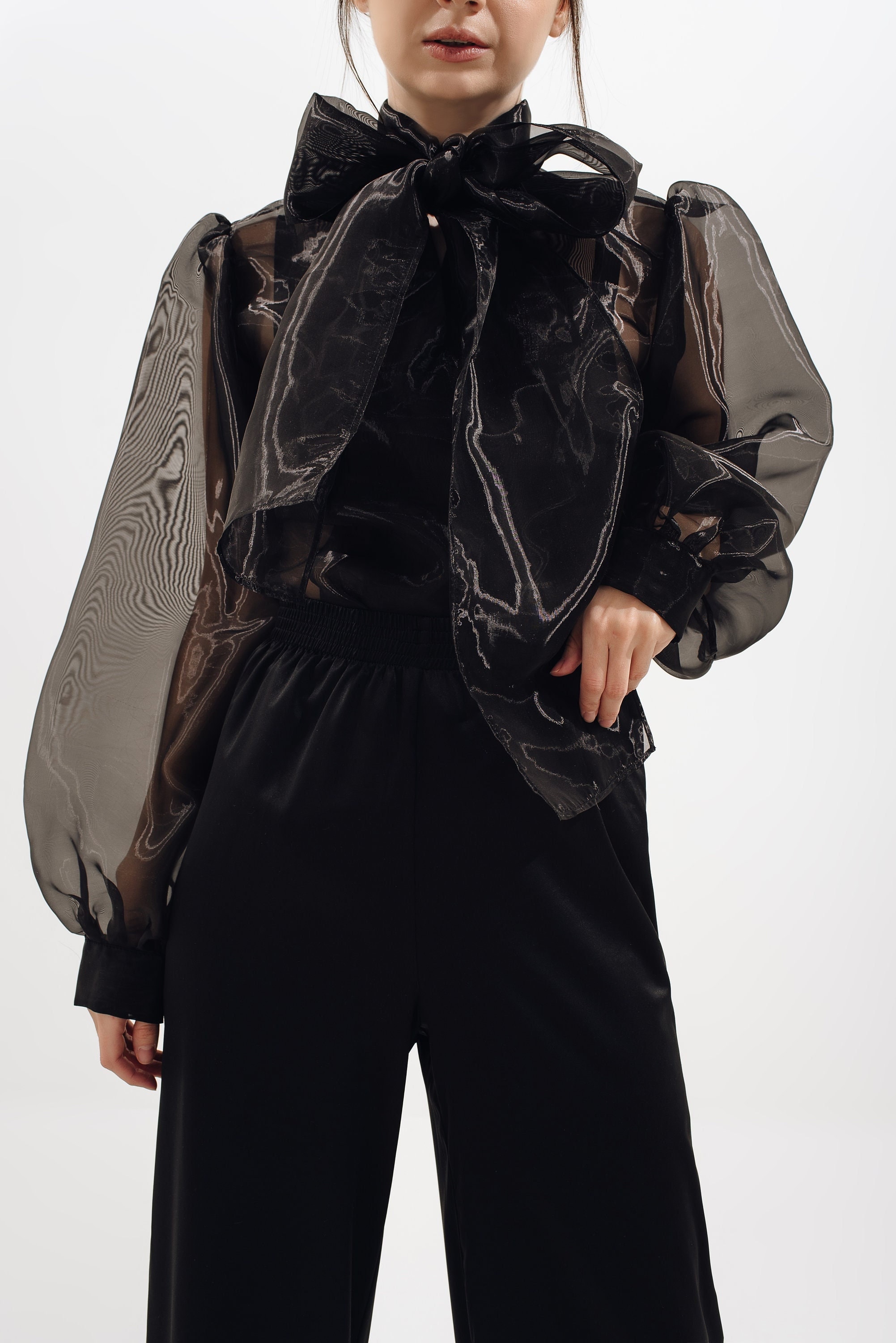 Black Organza Blouse Sheer Bow Blouse Organza Bow Shirt - Etsy