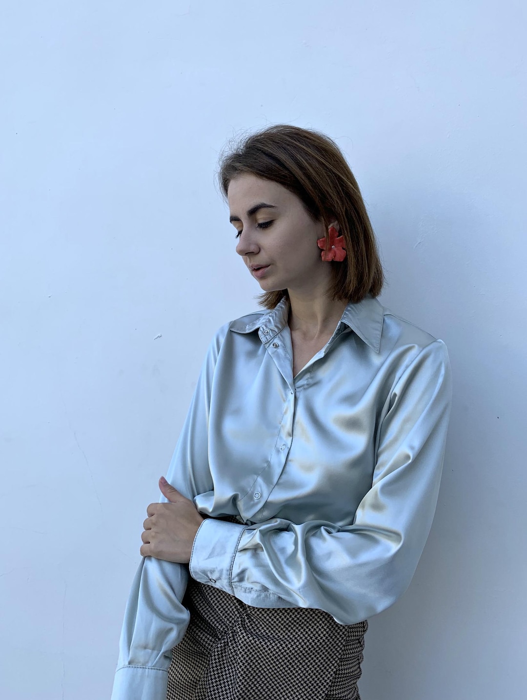 Gray Satin Blouse With Long Sleeve, Formal Gray Women's Shirt for ...
