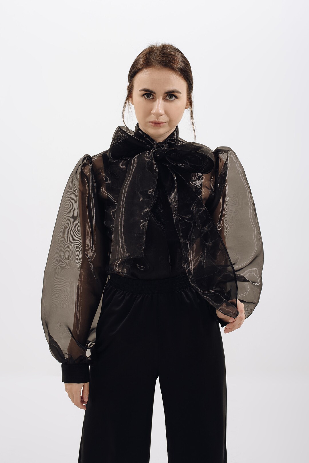 Sheer Black Organza Blouse With Large Bow, Puff Sleeve Women See ...