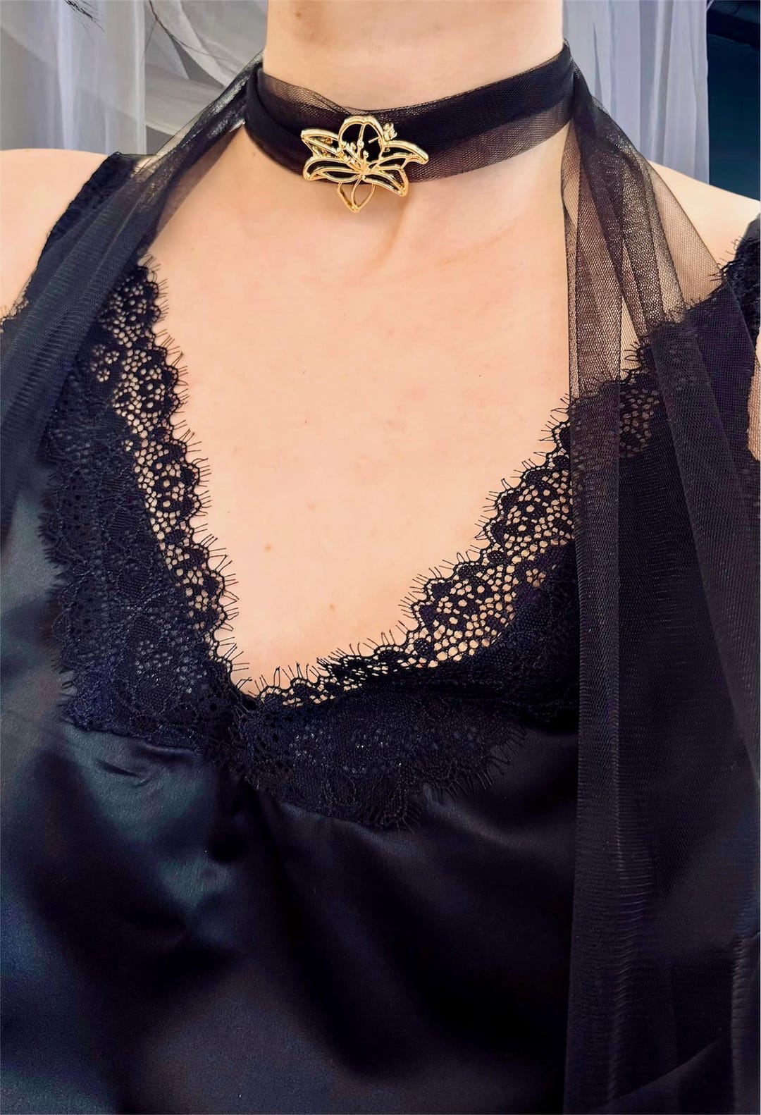 Black Tulle Choker With Brooch, Sheer Neck Scarf Choker, Statement ...