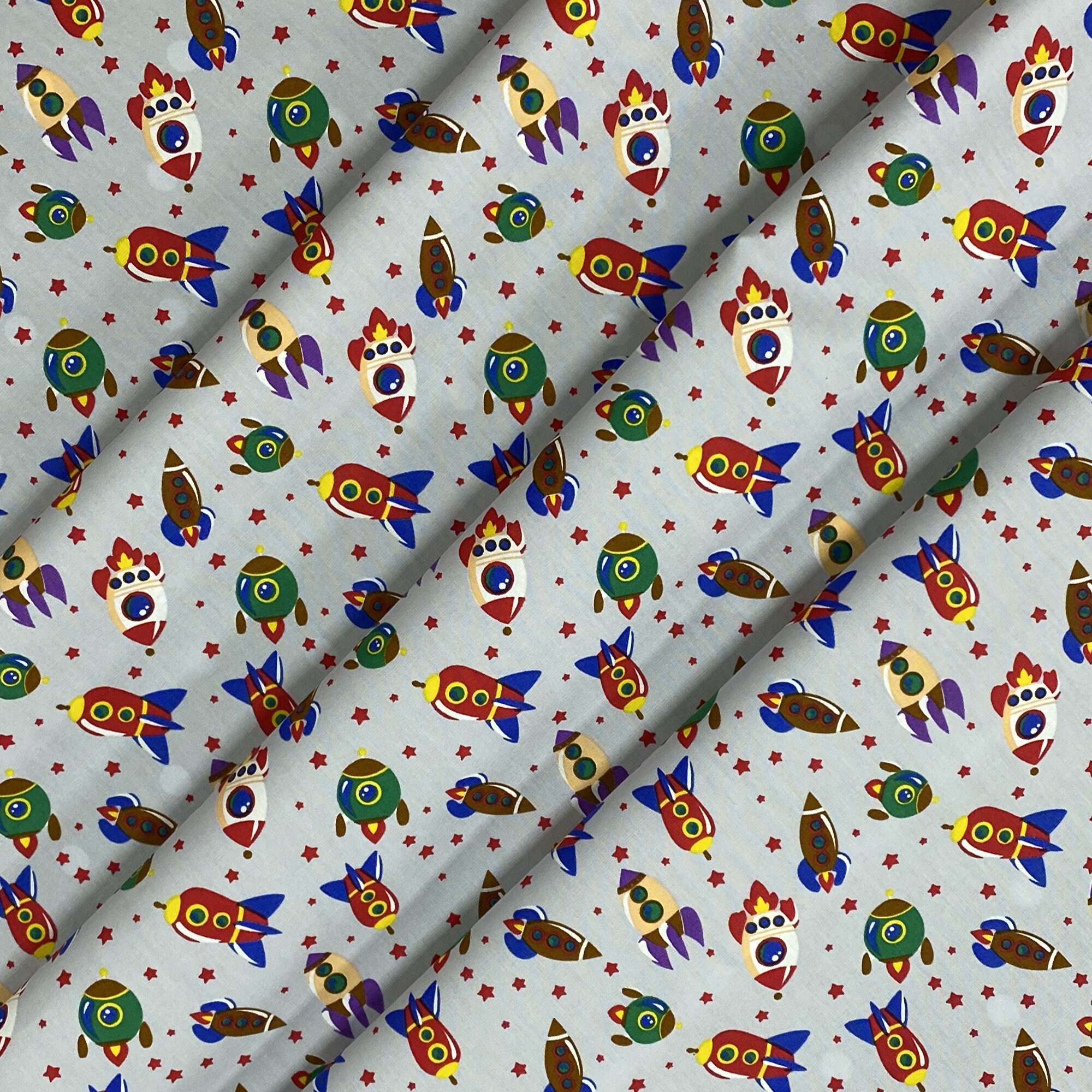 Silver Rockets Spaceships Theme Print Cotton Fabric 45 | Etsy