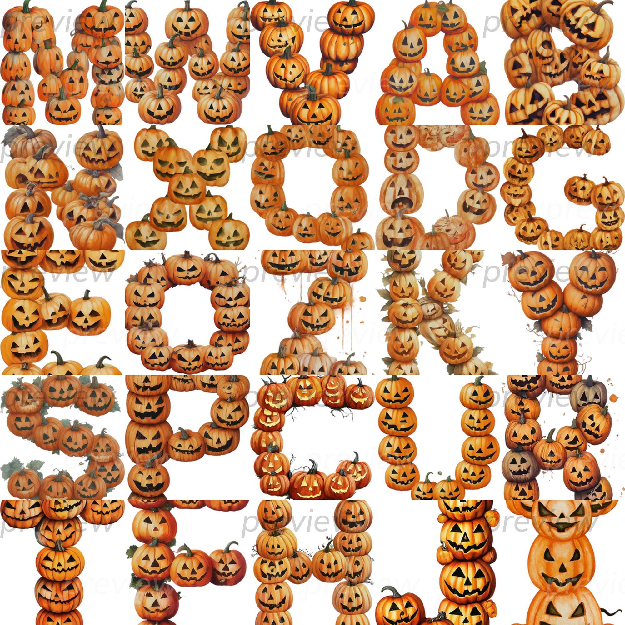 Watercolor Jack-o-lantern Alphabet Bundle, Pumpkin Letters, Transparent ...