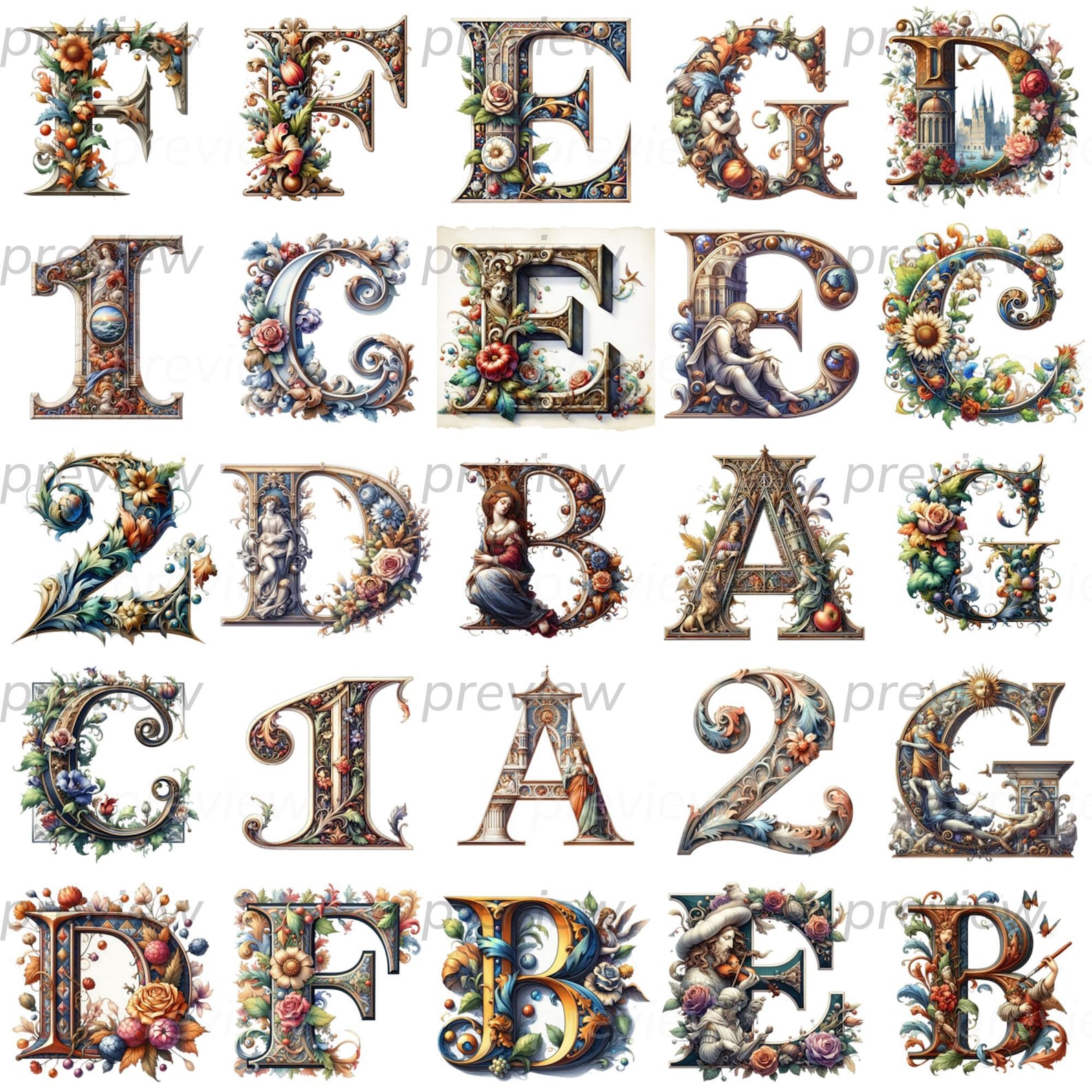 Renaissance Alphabet Bundle, Renaissance Letters & Numbers ...