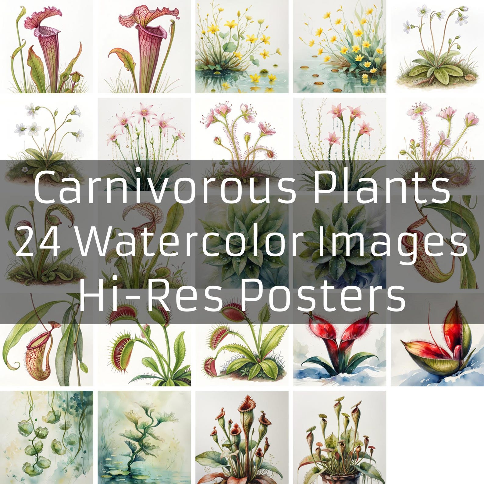 Carnivorous Plants Watercolor Image Bundle, Colorful Designs, Digital ...