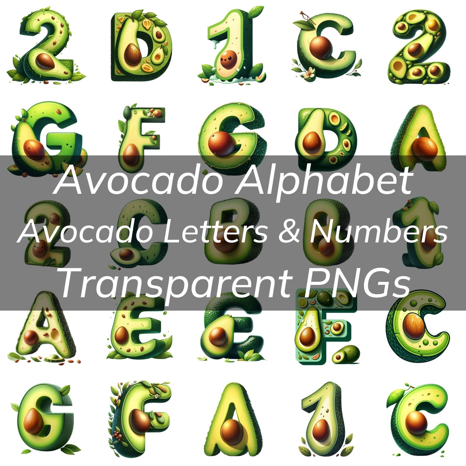 Avocado Alphabet Bundle, Avocado Letters & Numbers , Transparent PNG ...