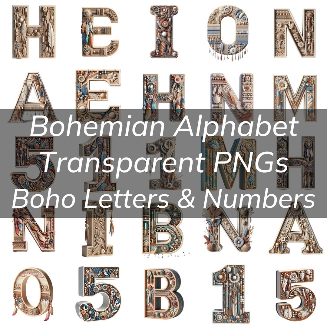 Bohemian Alphabet PNG Bundle Boho Letters & Numbers for Retro Crafts ...