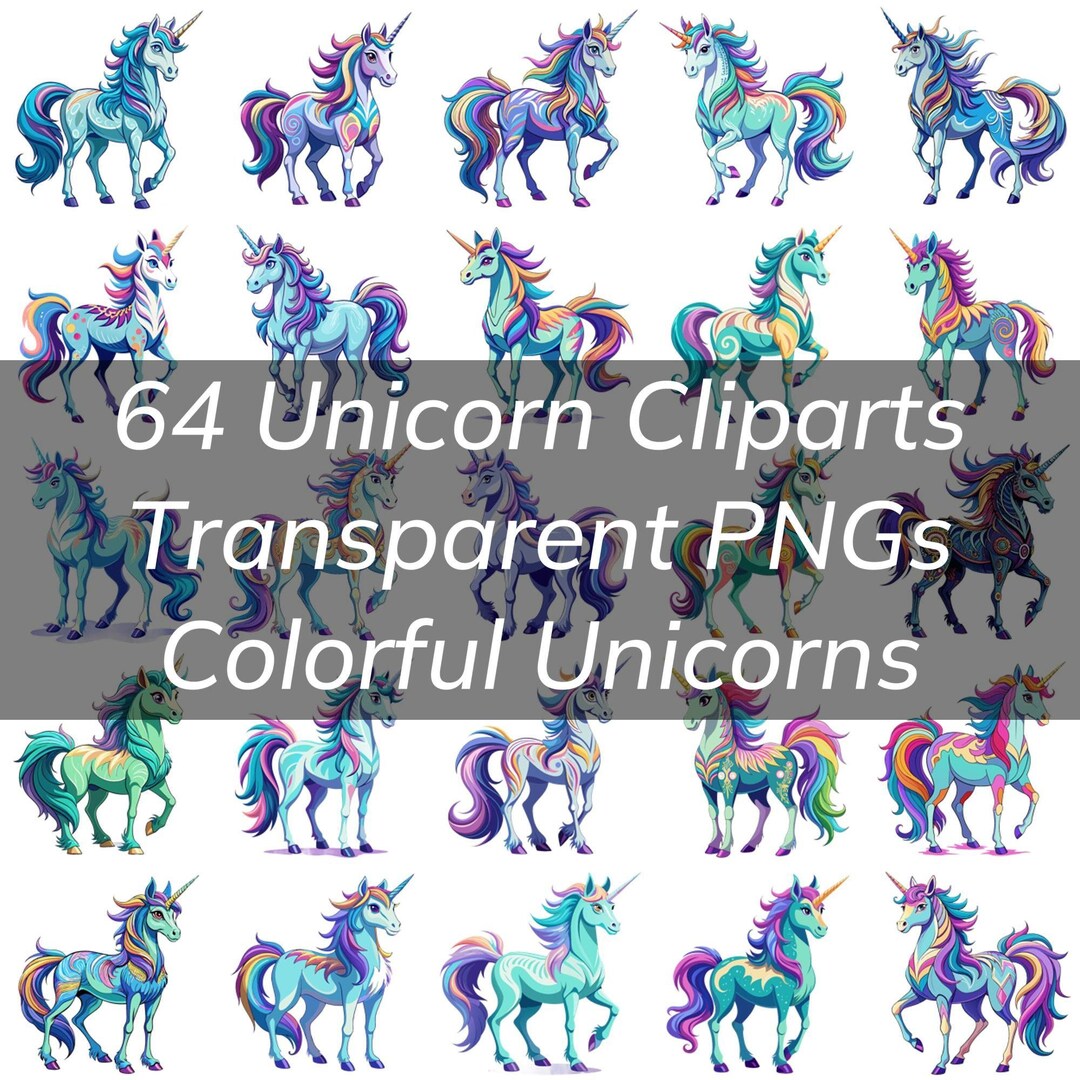 64 Unicorn Clipart Bundle, Colorful, High Quality, Unicorns Transparent ...