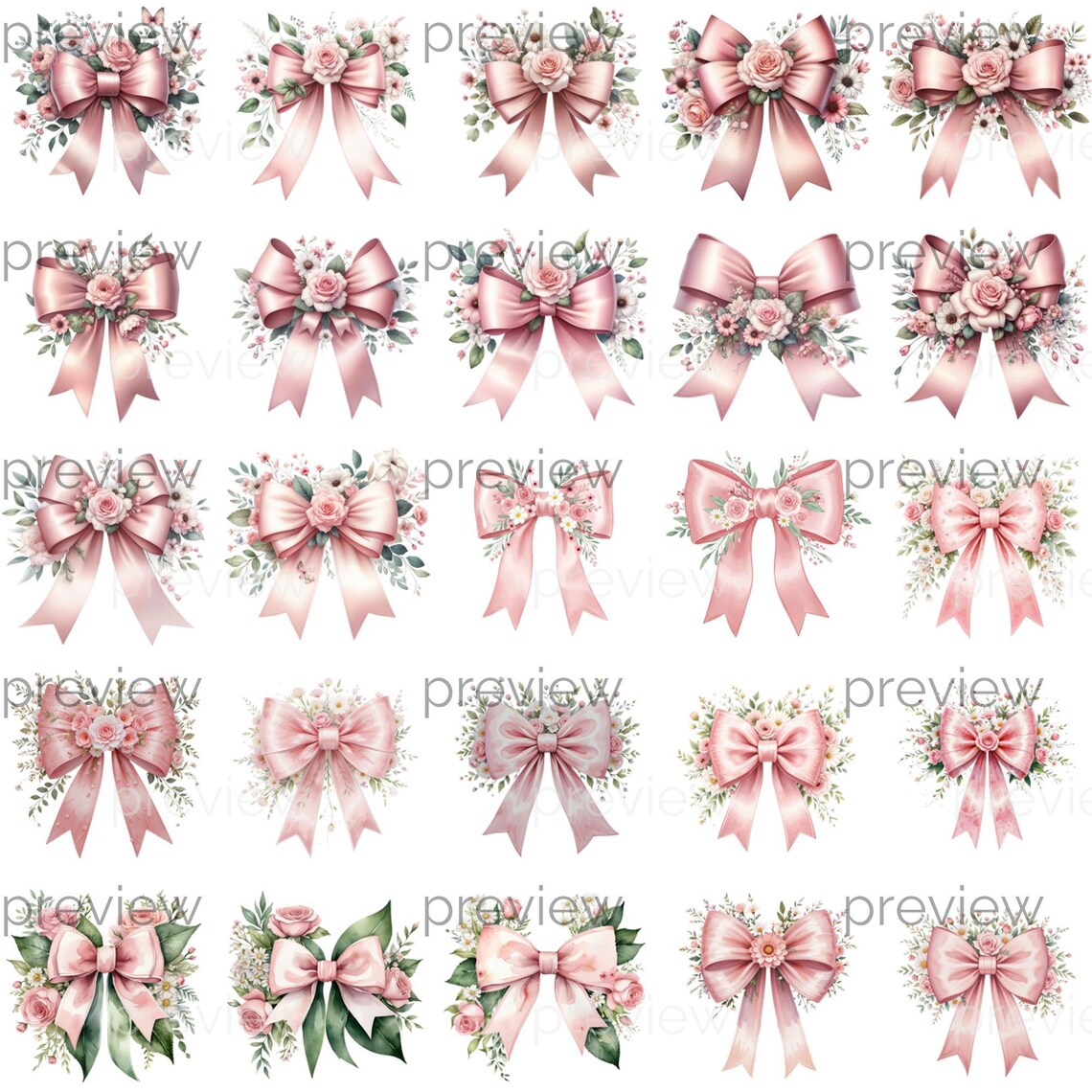 25 Pink Coquette Ribbon Bow Pngs, Watercolor Wedding Boho Flower ...