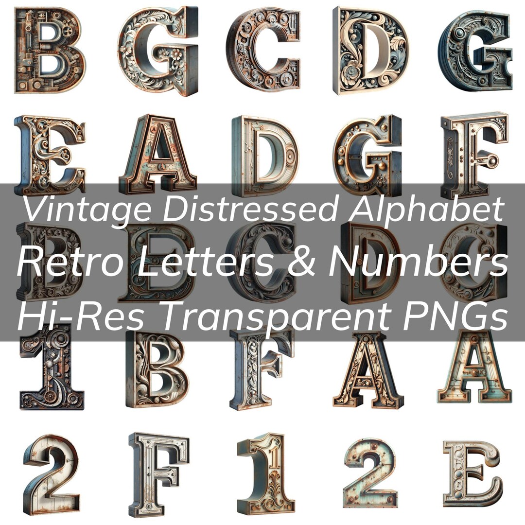 Vintage Distressed Alphabet Bundle Retro Letters and Numbers ...