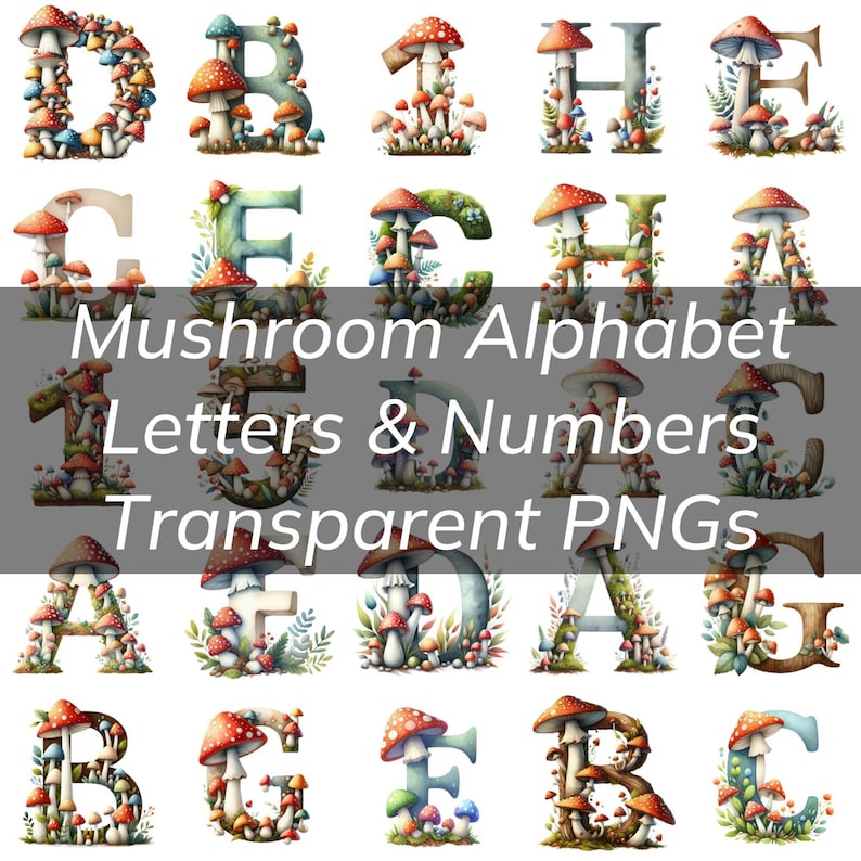 Watercolor Mushroom Alphabet, Mushroom Theme Letters Numbers Mushroom ...