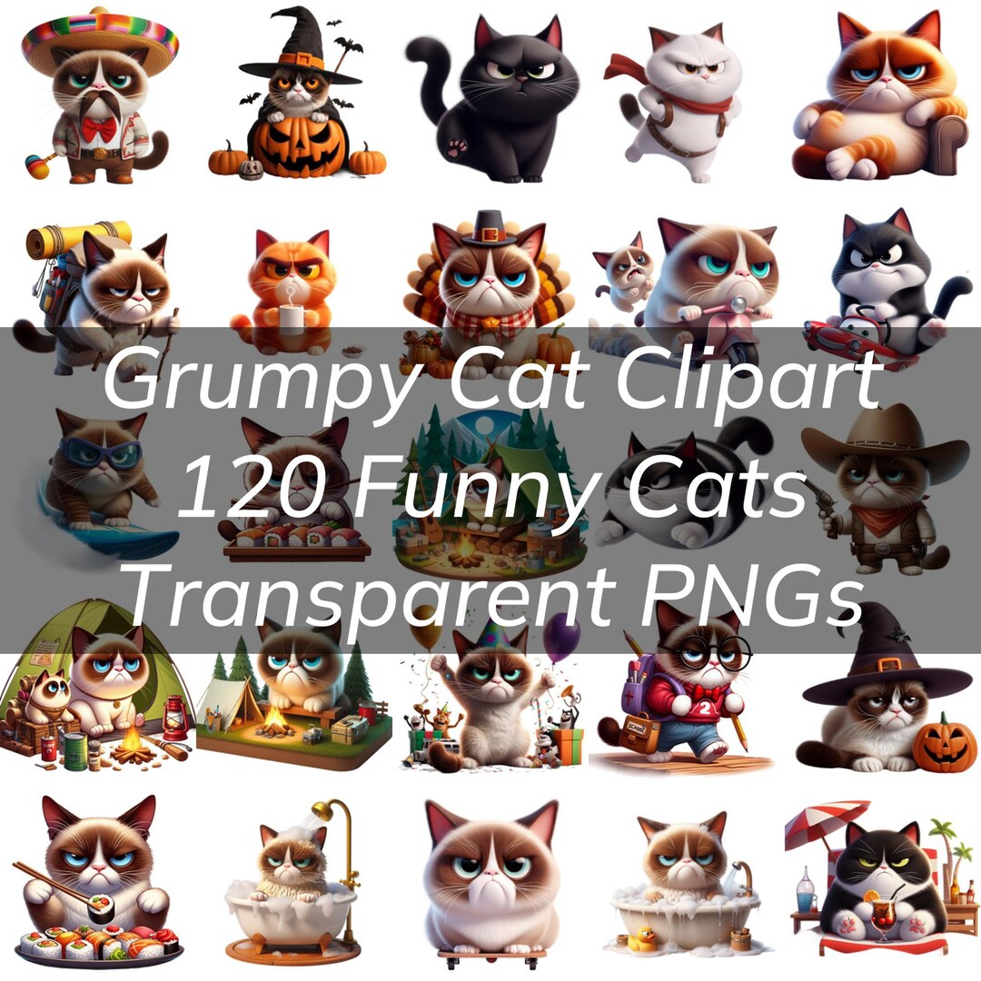 120 Grumpy Cat Clipart Bundle, Grumpy Cats Theme , Transparent PNG, Unhappy Funny Cats Clipart ...