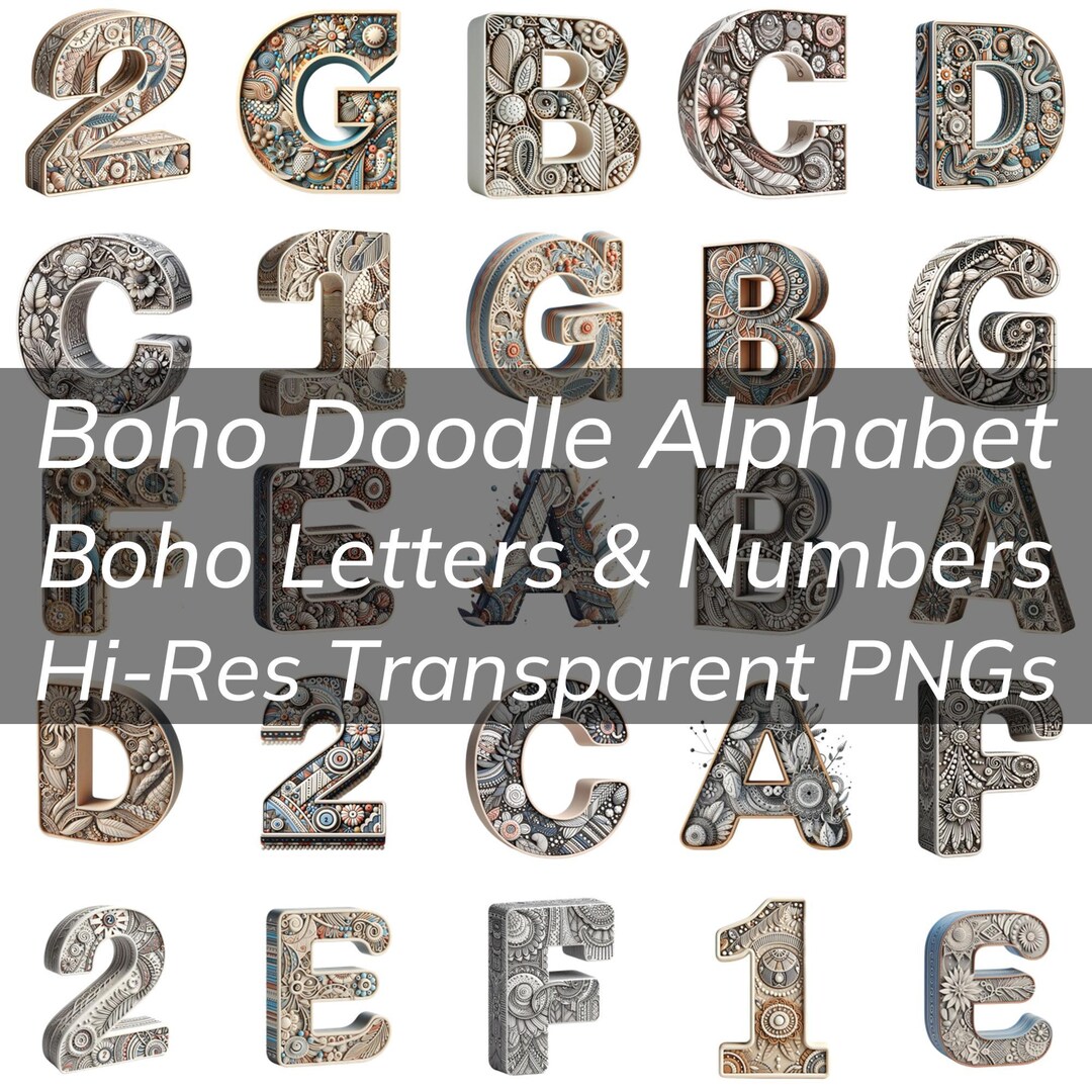 Boho Doodle Alphabet Bundle - Handdrawn Font Bohemian Letters Numbers ...