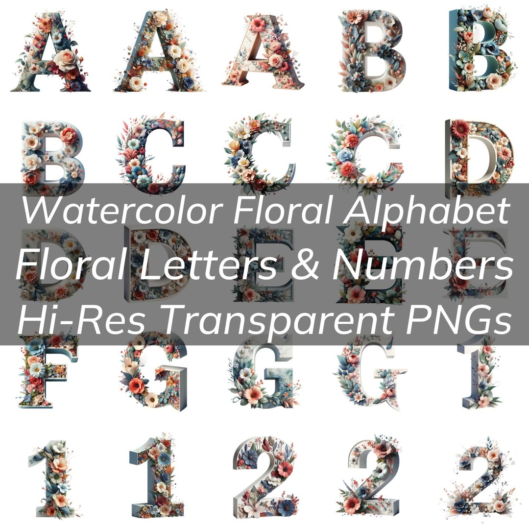 Watercolor Floral Alphabet Bundle, Botanical Watercolor PNG Letters ...