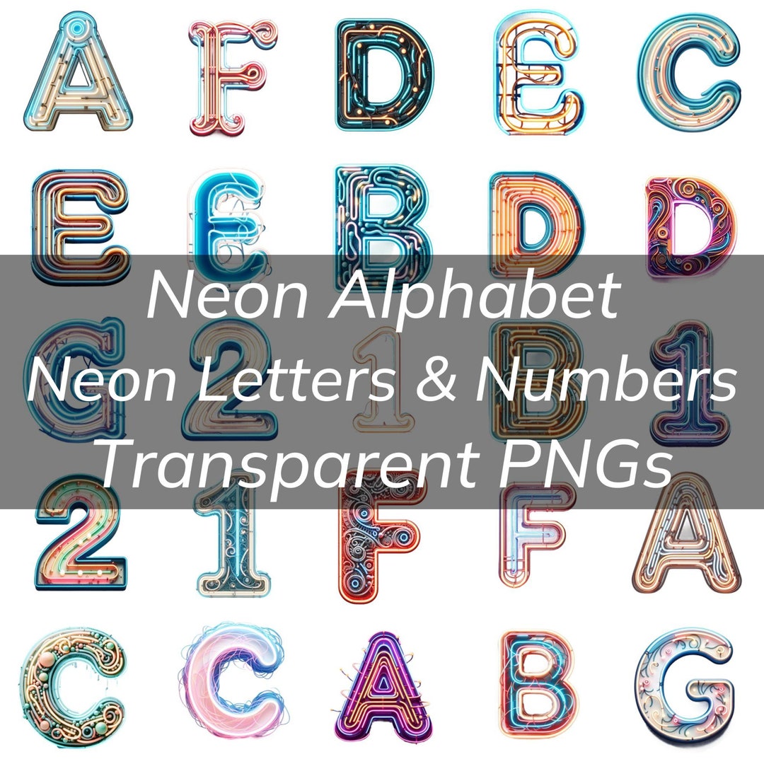 Neon Alphabet Bundle, Neon Light Letters & Numbers , Transparent PNG ...