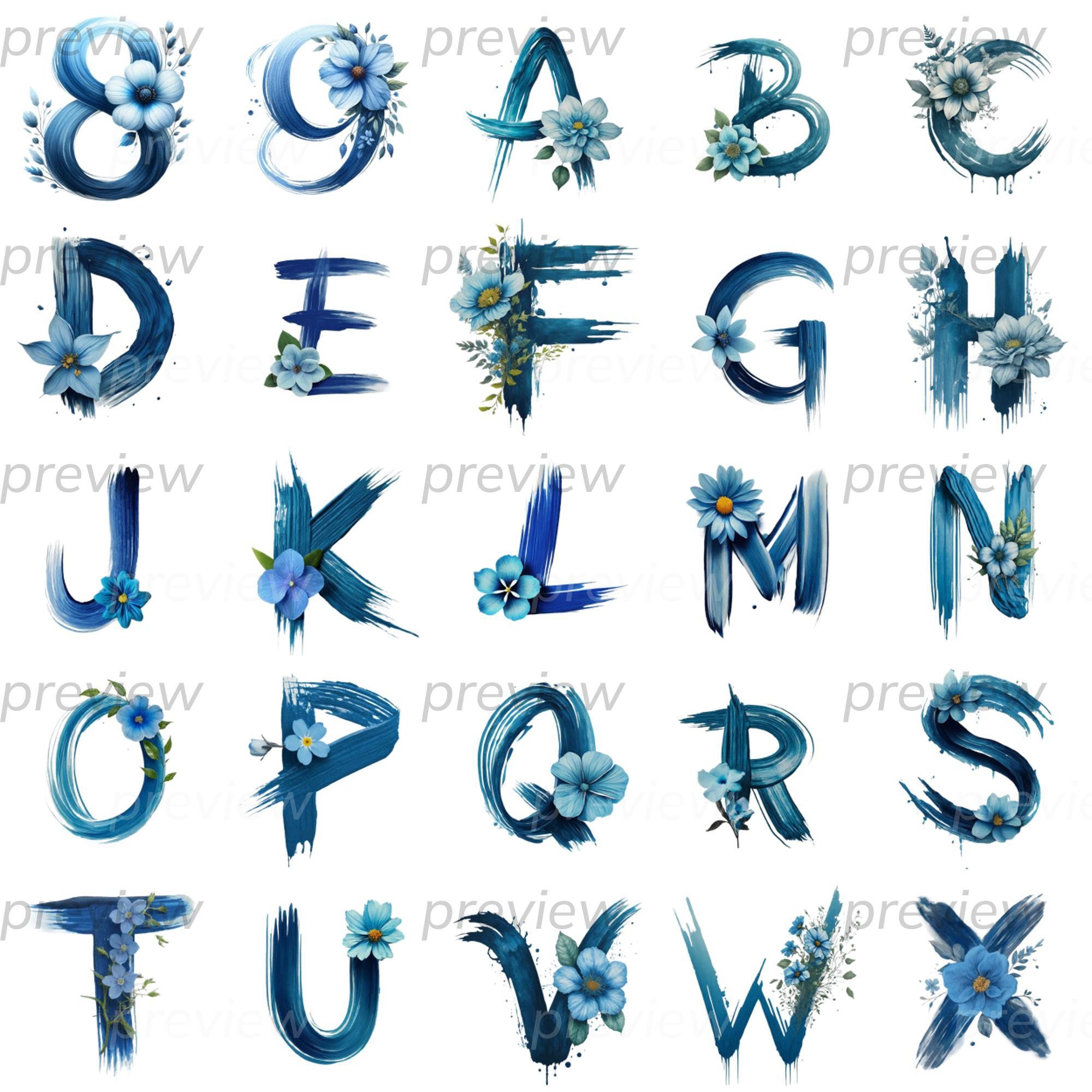 Watercolor Blue Floral Alphabet Bundle, Blue Floral Letters & Numbers ...