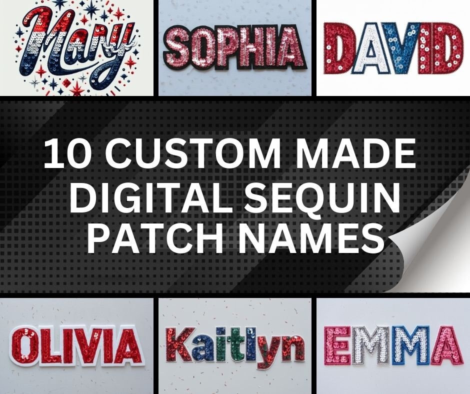 10 Custom Made Digital Sequin Patch Names | Sparkly PNG File | Custom ...