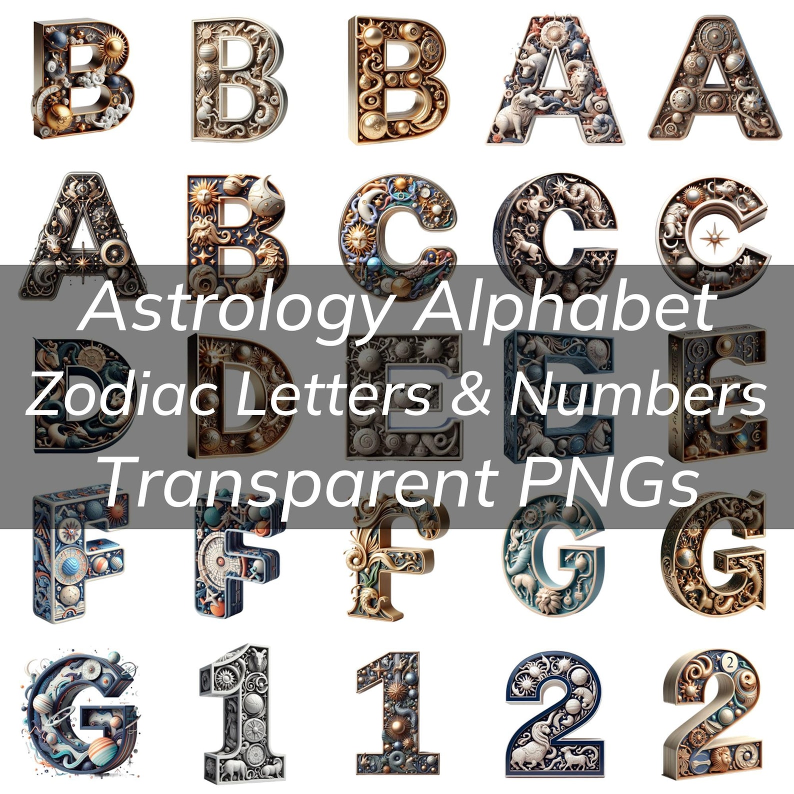 Astrology Alphabet Bundle, Zodiac Letters & Numbers Transparent PNG ...