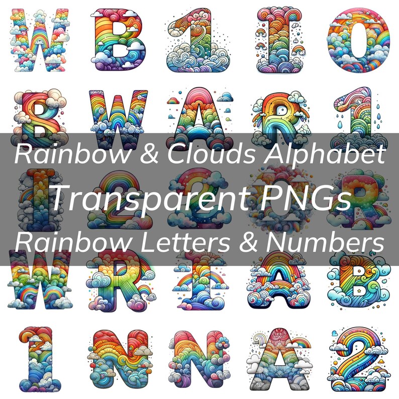 Rainbow & Clouds Doodle Alphabet, Rainbow Letters Numbers PNG ...