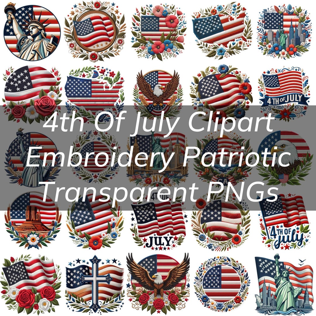 60+ Embroidered Patriotic USA Clipart Bundle, 4th of July PNG Faux ...