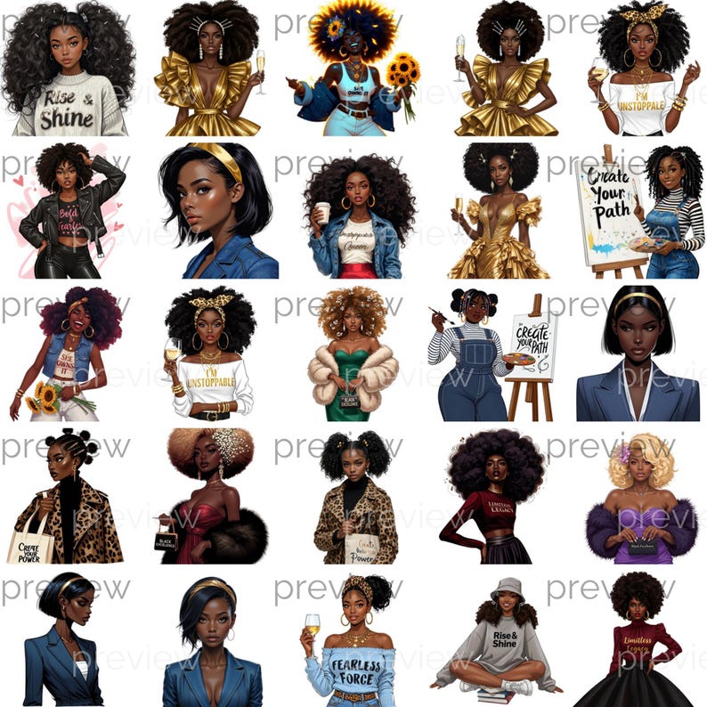 Black Girl Clipart Bundle 50+ PNG Images Fashionable Afro Chic Luxury ...