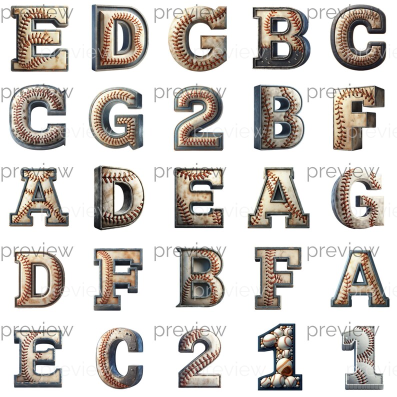 Baseball Alphabet Bundle Hires Transparent Pngs All Letters and Numbers ...
