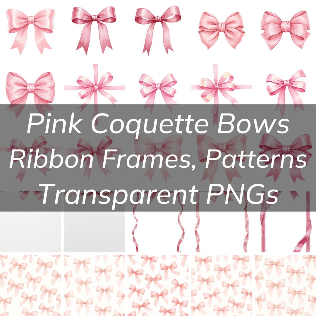 Watercolor Pink Coquette Ribbons, Frames, Patterns Clipart Bundle ...