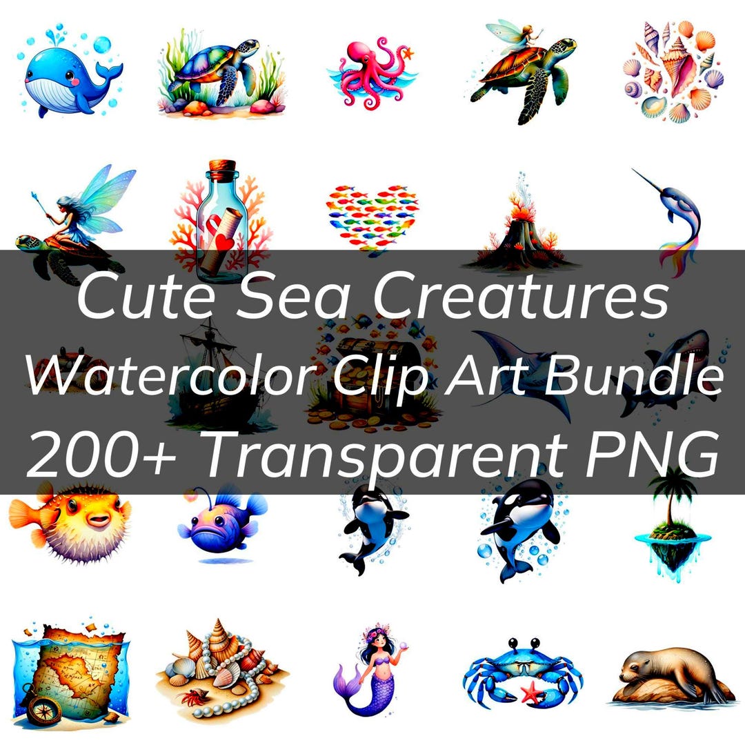 200+ Sea Creatures Watercolor Clipart Bundle, Transparent Pngs, Cute ...