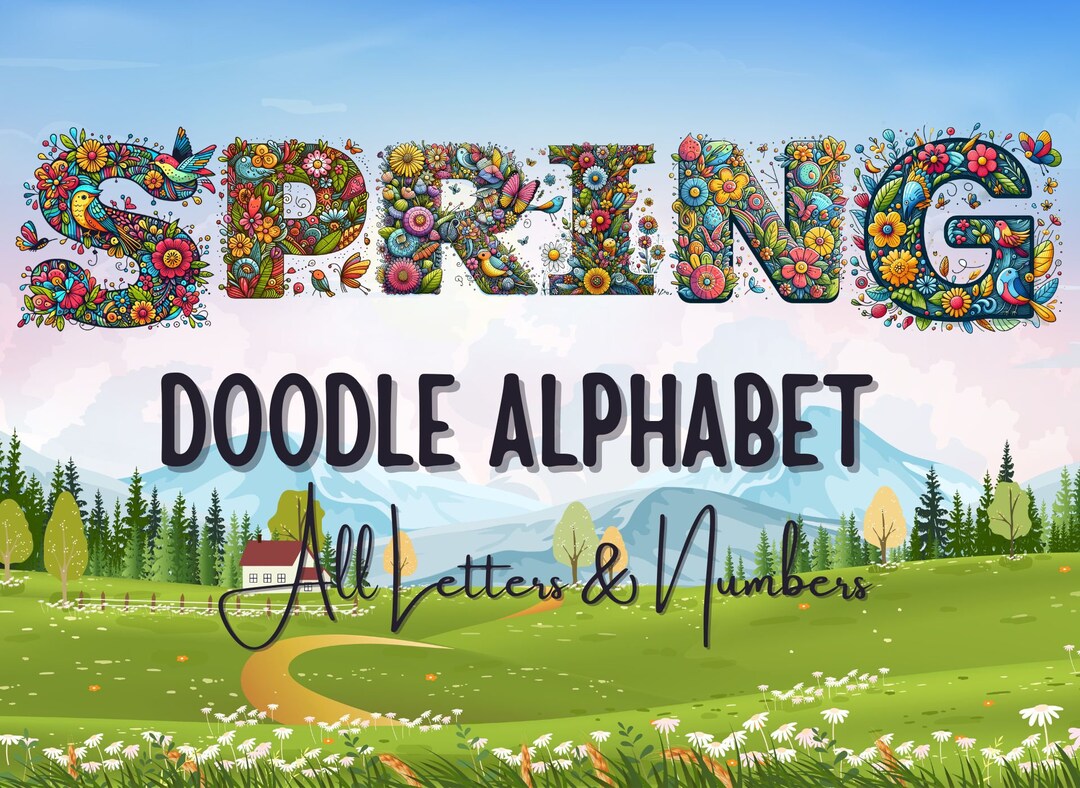 Spring Doodle Alphabet Letters Bundle, Spring PNG Letters, Numbers ...