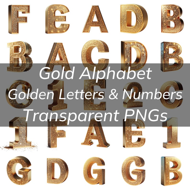 Sparkling Gold Alphabet Bundle, Golden Letters & Numbers , Transparent ...
