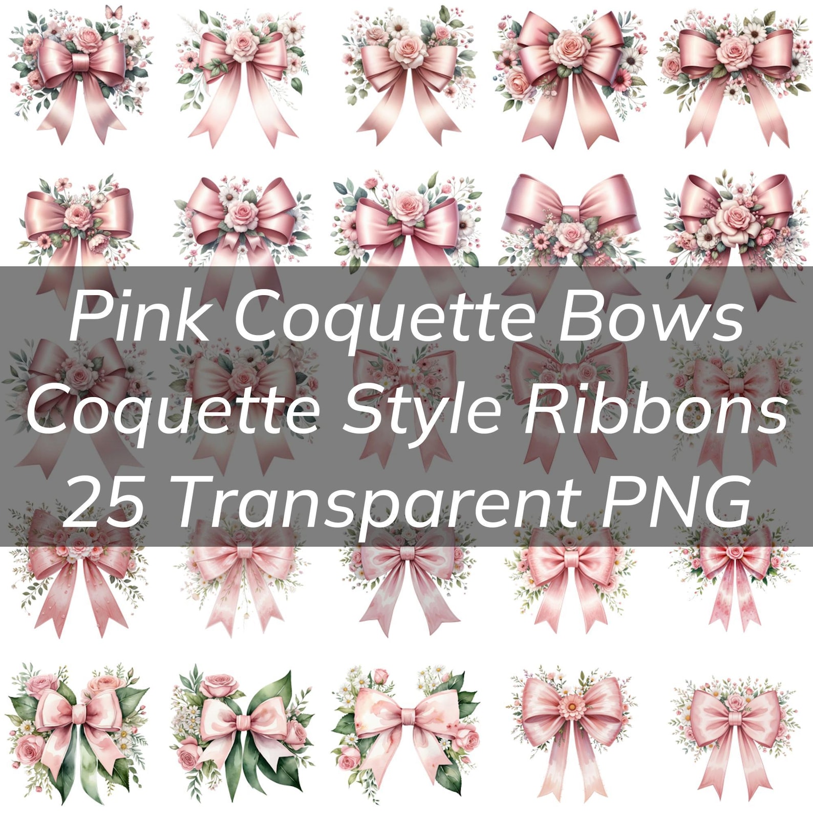 25 Pink Coquette Ribbon Bow Pngs, Watercolor Wedding Boho Flower ...