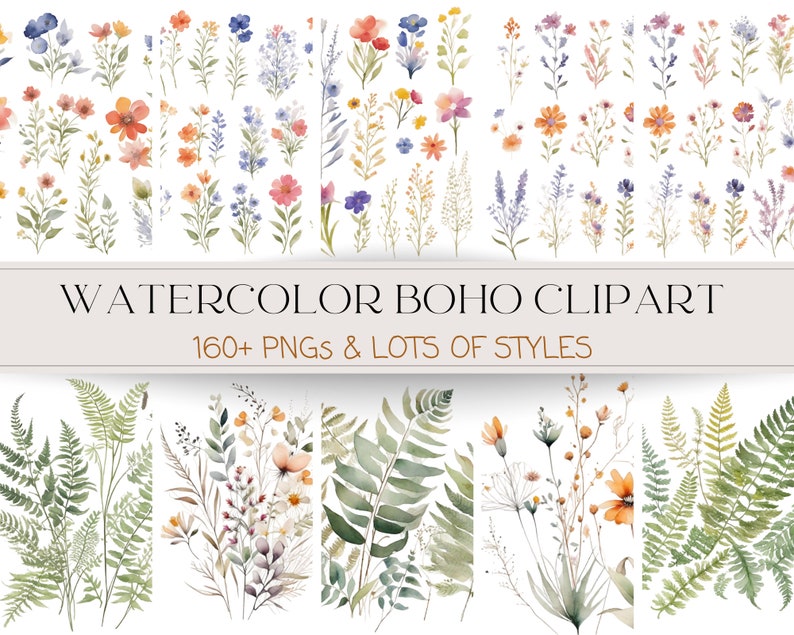 160+ Boho Flower Bouquet PNG Images, Vintage Watercolor Bohemian Floral ...