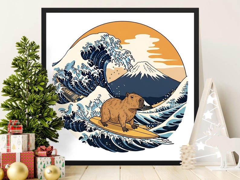 Surfing Capybara PNG, Great Wave Clipart, Fuji Png, Capybara Art ...