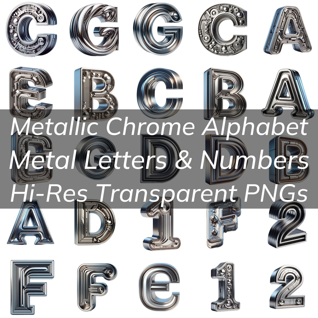 Metallic Chrome Alphabet PNG Shiny Metal Letters and Numbers Digital ...