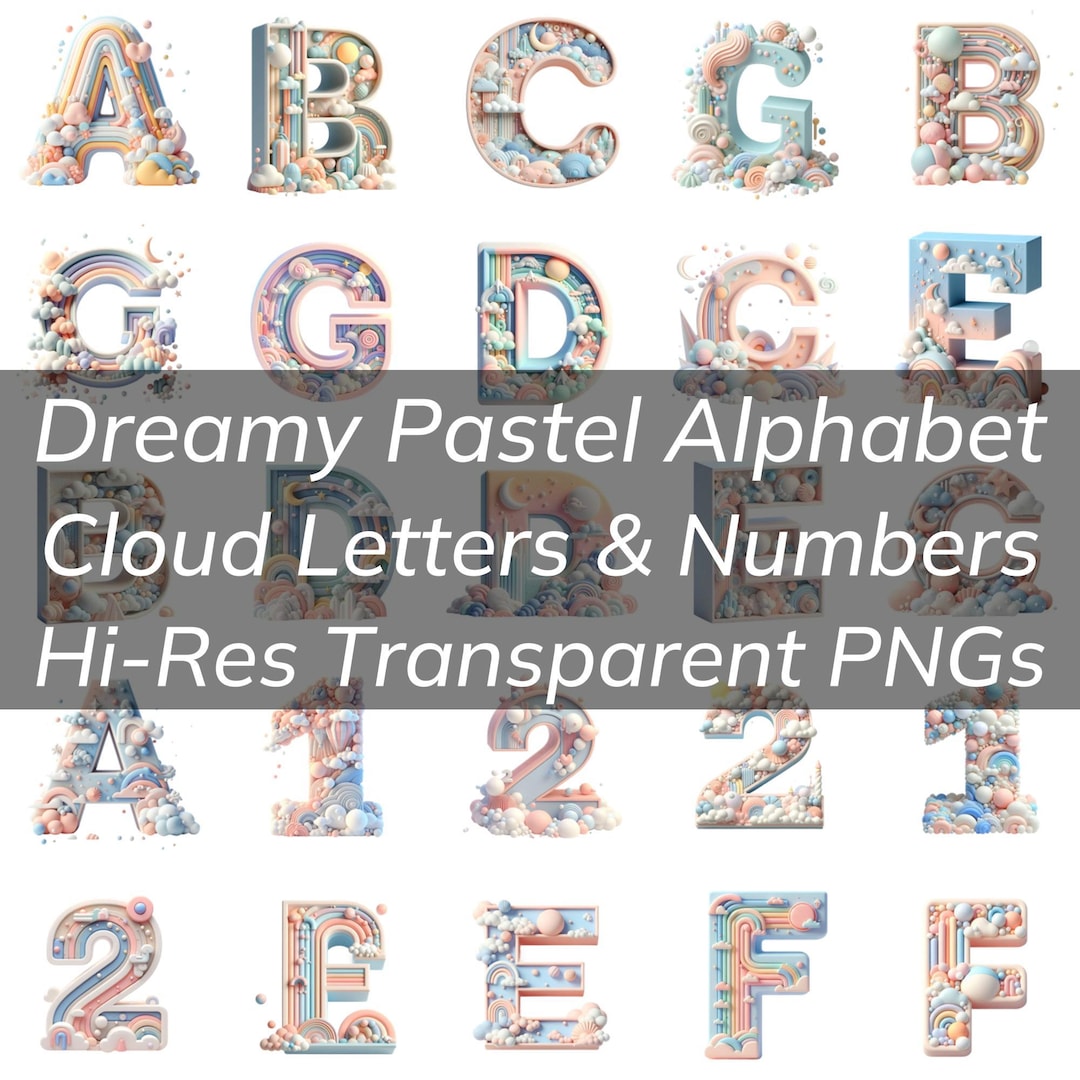 Dreamy Pastel Alphabet Letters and Numbers PNG Files - Colorful 3D ...